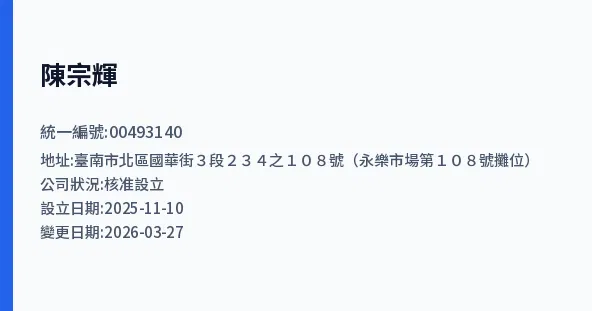 陳宗輝的照片-統編 00493140(臺南市) 公司登記資料與營業項目詳細圖表