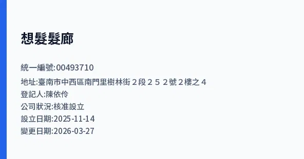 想髮髮廊的照片-統編 00493710(臺南市) 公司登記資料與營業項目詳細圖表