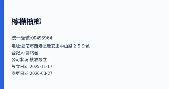 檸檬檳榔的照片-統編 00493964(臺南市) 公司登記資料與營業項目詳細圖表