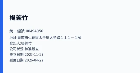 楊蕓竹的照片-統編 00494056(臺南市) 公司登記資料與營業項目詳細圖表