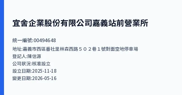 宜舍企業股份有限公司嘉義站前營業所的照片-統編 00494648(嘉義市) 公司登記資料與營業項目詳細圖表