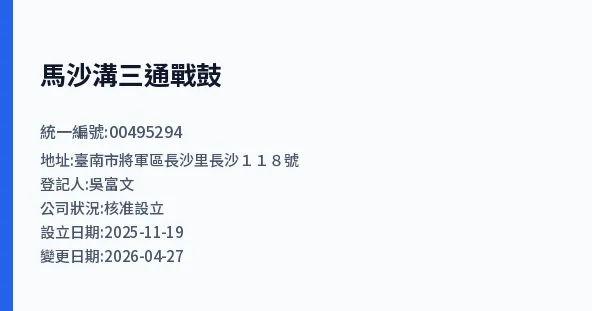 馬沙溝三通戰鼓的照片-統編 00495294(臺南市) 公司登記資料與營業項目詳細圖表