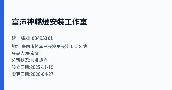 富沛神轎燈安裝工作室的照片-統編 00495301(臺南市) 公司登記資料與營業項目詳細圖表