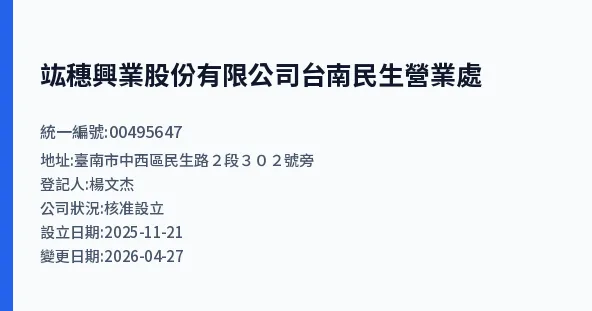竑穗興業股份有限公司台南民生營業處的照片-統編 00495647(臺南市) 公司登記資料與營業項目詳細圖表