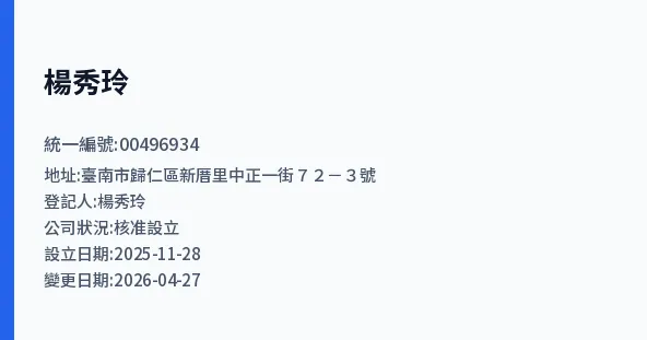 楊秀玲的照片-統編 00496934(臺南市) 公司登記資料與營業項目詳細圖表