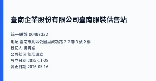 臺南企業股份有限公司臺南服裝供售站的照片-統編 00497032(臺南市) 公司登記資料與營業項目詳細圖表