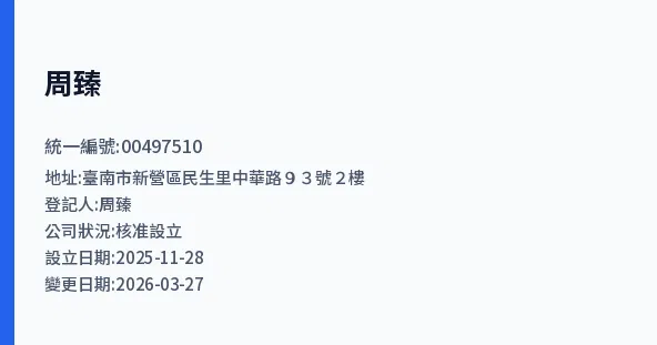 周臻的照片-統編 00497510(臺南市) 公司登記資料與營業項目詳細圖表
