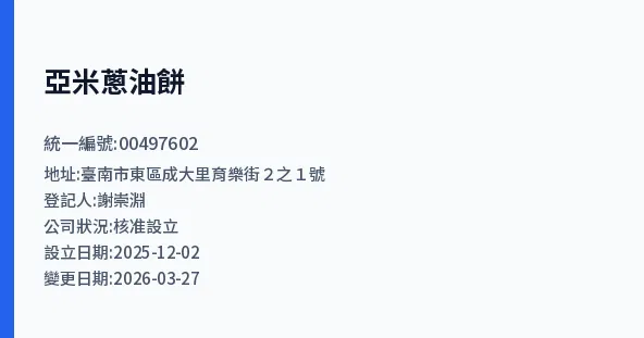 亞米蔥油餅的照片-統編 00497602(臺南市) 公司登記資料與營業項目詳細圖表