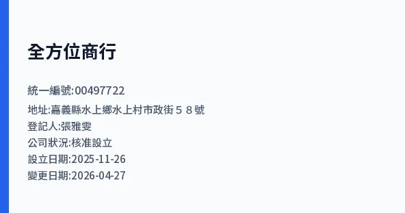 全方位商行的照片-統編 00497722(嘉義縣) 公司登記資料與營業項目詳細圖表