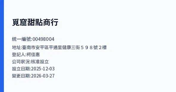 覓窟甜點商行的照片-統編 00498004(臺南市) 公司登記資料與營業項目詳細圖表