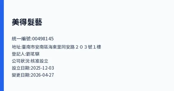 美得髮藝的照片-統編 00498145(臺南市) 公司登記資料與營業項目詳細圖表