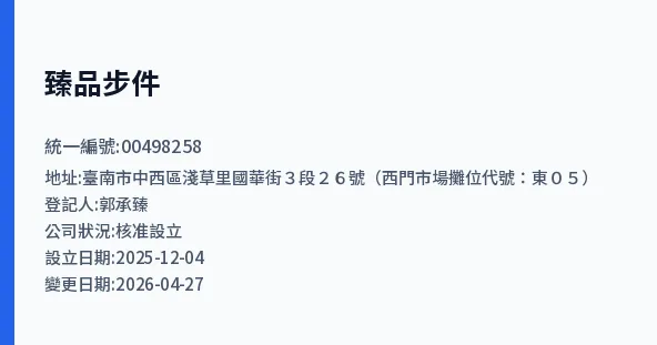 臻品步件的照片-統編 00498258(臺南市) 公司登記資料與營業項目詳細圖表