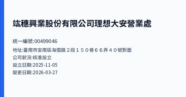 竑穗興業股份有限公司理想大安營業處的照片-統編 00499046(臺南市) 公司登記資料與營業項目詳細圖表