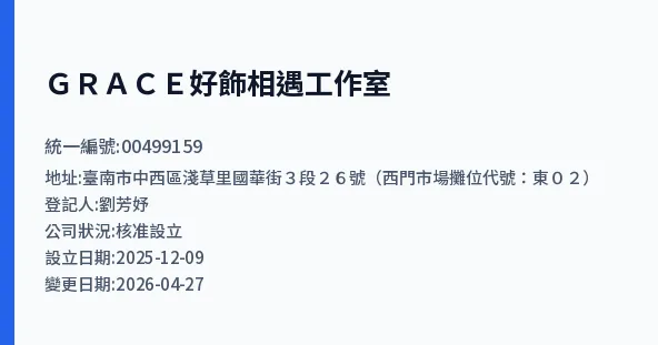 GRACE好飾相遇工作室的照片-統編 00499159(臺南市) 公司登記資料與營業項目詳細圖表