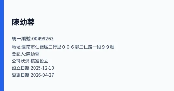陳幼蓉的照片-統編 00499263(臺南市) 公司登記資料與營業項目詳細圖表