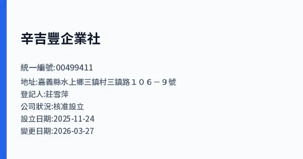 辛吉豐企業社的照片-統編 00499411(嘉義縣) 公司登記資料與營業項目詳細圖表