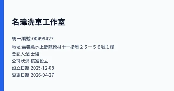 名瑋洗車工作室的照片-統編 00499427(嘉義縣) 公司登記資料與營業項目詳細圖表