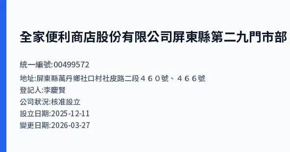 全家便利商店股份有限公司屏東縣第二九門市部的照片-統編 00499572(屏東縣) 公司登記資料與營業項目詳細圖表
