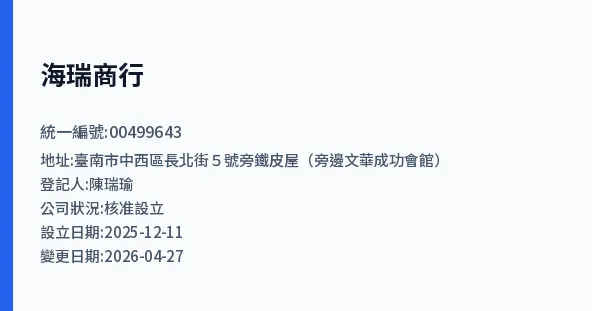 海瑞商行的照片-統編 00499643(臺南市) 公司登記資料與營業項目詳細圖表