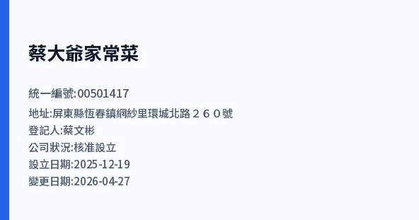 蔡大爺家常菜的照片-統編 00501417(屏東縣) 公司登記資料與營業項目詳細圖表
