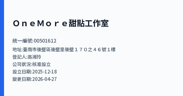 One More甜點工作室的照片-統編 00501612(臺南市) 公司登記資料與營業項目詳細圖表