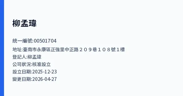 柳孟瑋的照片-統編 00501704(臺南市) 公司登記資料與營業項目詳細圖表