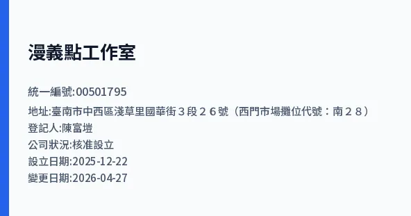 漫義點工作室的照片-統編 00501795(臺南市) 公司登記資料與營業項目詳細圖表