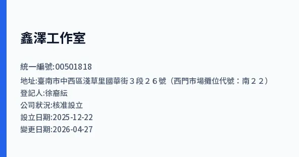鑫澤工作室的照片-統編 00501818(臺南市) 公司登記資料與營業項目詳細圖表