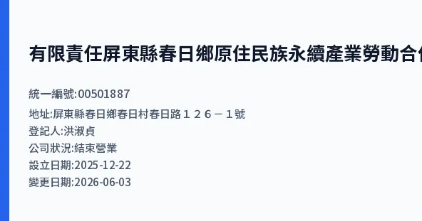有限責任屏東縣春日鄉原住民族永續產業勞動合作社的照片-統編 00501887(屏東縣) 公司登記資料與營業項目詳細圖表