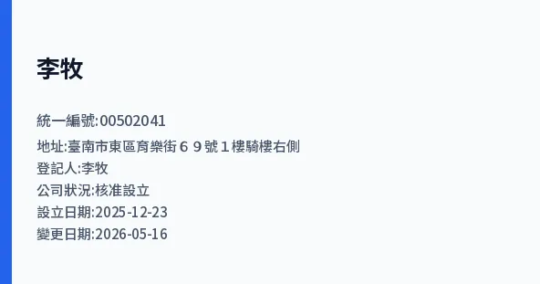 李牧的照片-統編 00502041(臺南市) 公司登記資料與營業項目詳細圖表