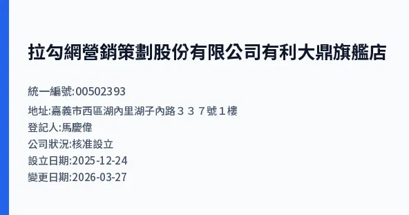 拉勾網營銷策劃股份有限公司有利大鼎旗艦店的照片-統編 00502393(嘉義市) 公司登記資料與營業項目詳細圖表