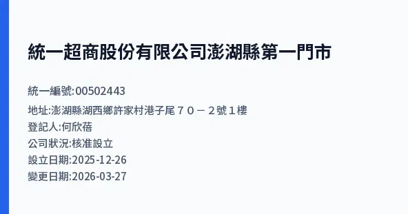 統一超商股份有限公司澎湖縣第一門市的照片-統編 00502443(澎湖縣) 公司登記資料與營業項目詳細圖表