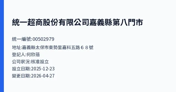 統一超商股份有限公司嘉義縣第八門市的照片-統編 00502979(嘉義縣) 公司登記資料與營業項目詳細圖表