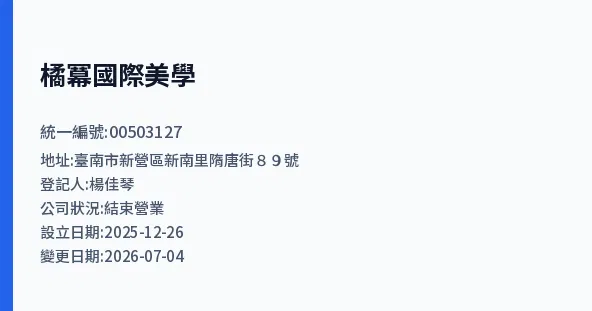 橘冪國際美學的照片-統編 00503127(臺南市) 公司登記資料與營業項目詳細圖表
