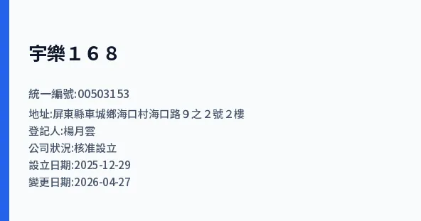 宇樂168的照片-統編 00503153(屏東縣) 公司登記資料與營業項目詳細圖表