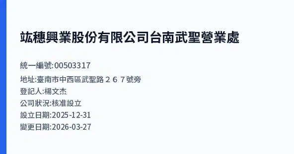 竑穗興業股份有限公司台南武聖營業處的照片-統編 00503317(臺南市) 公司登記資料與營業項目詳細圖表