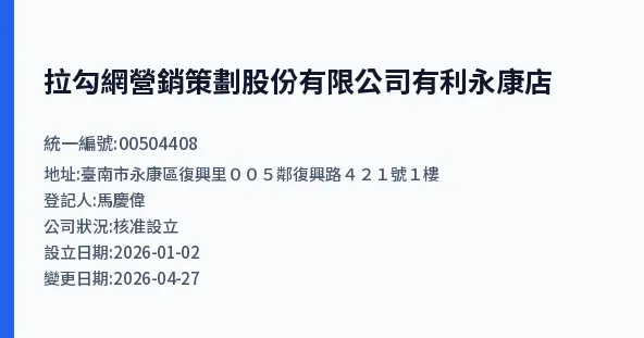 拉勾網營銷策劃股份有限公司有利永康店的照片-統編 00504408(臺南市) 公司登記資料與營業項目詳細圖表