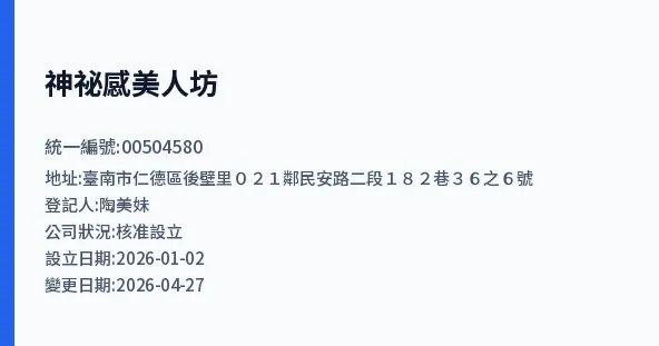 神祕感美人坊的照片-統編 00504580(臺南市) 公司登記資料與營業項目詳細圖表