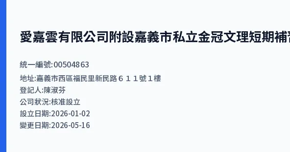 愛嘉雲有限公司附設嘉義市私立金冠文理短期補習班的照片-統編 00504863(嘉義市) 公司登記資料與營業項目詳細圖表
