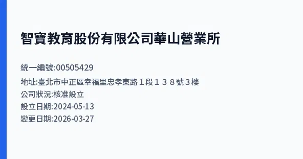 智寶教育股份有限公司華山營業所的照片-統編 00505429(臺北市) 公司登記資料與營業項目詳細圖表