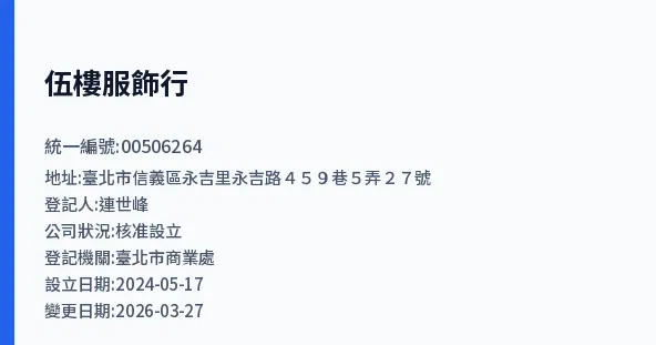 伍樓服飾行的照片-統編 00506264(臺北市) 公司登記資料與營業項目詳細圖表