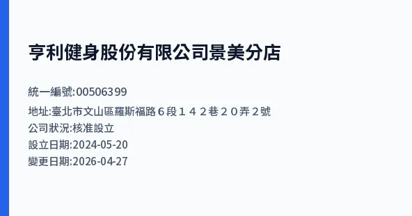 亨利健身股份有限公司景美分店的照片-統編 00506399(臺北市) 公司登記資料與營業項目詳細圖表
