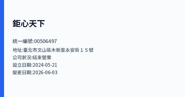鉅心天下的照片-統編 00506497(臺北市) 公司登記資料與營業項目詳細圖表