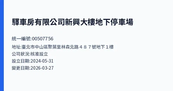 驛車房有限公司新興大樓地下停車場的照片-統編 00507756(臺北市) 公司登記資料與營業項目詳細圖表