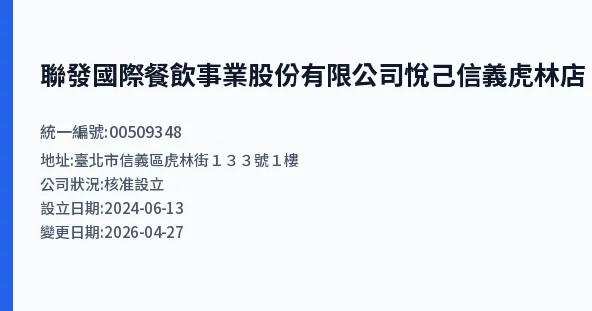 聯發國際餐飲事業股份有限公司悅己信義虎林店的照片-統編 00509348(臺北市) 公司登記資料與營業項目詳細圖表