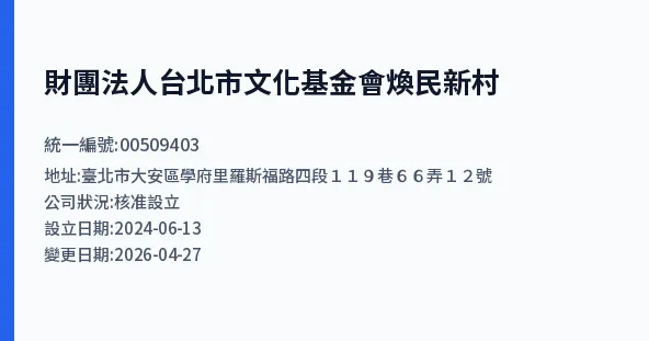 財團法人台北市文化基金會煥民新村的照片-統編 00509403(臺北市) 公司登記資料與營業項目詳細圖表