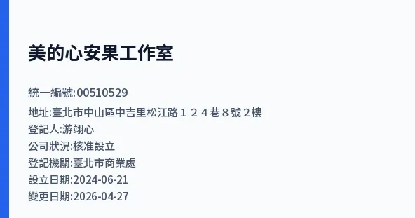 美的心安果工作室的照片-統編 00510529(臺北市) 公司登記資料與營業項目詳細圖表