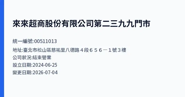 來來超商股份有限公司第二三九九門市的照片-統編 00511013(臺北市) 公司登記資料與營業項目詳細圖表