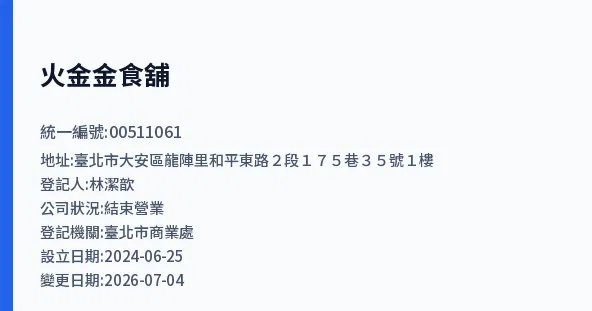 火金金食舖的照片-統編 00511061(臺北市) 公司登記資料與營業項目詳細圖表