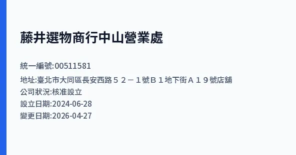 藤井選物商行中山營業處的照片-統編 00511581(臺北市) 公司登記資料與營業項目詳細圖表
